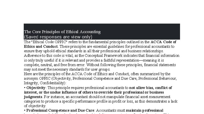 ACCA Ethics: Core Principles of Ethical Accounting Explained - Studocu