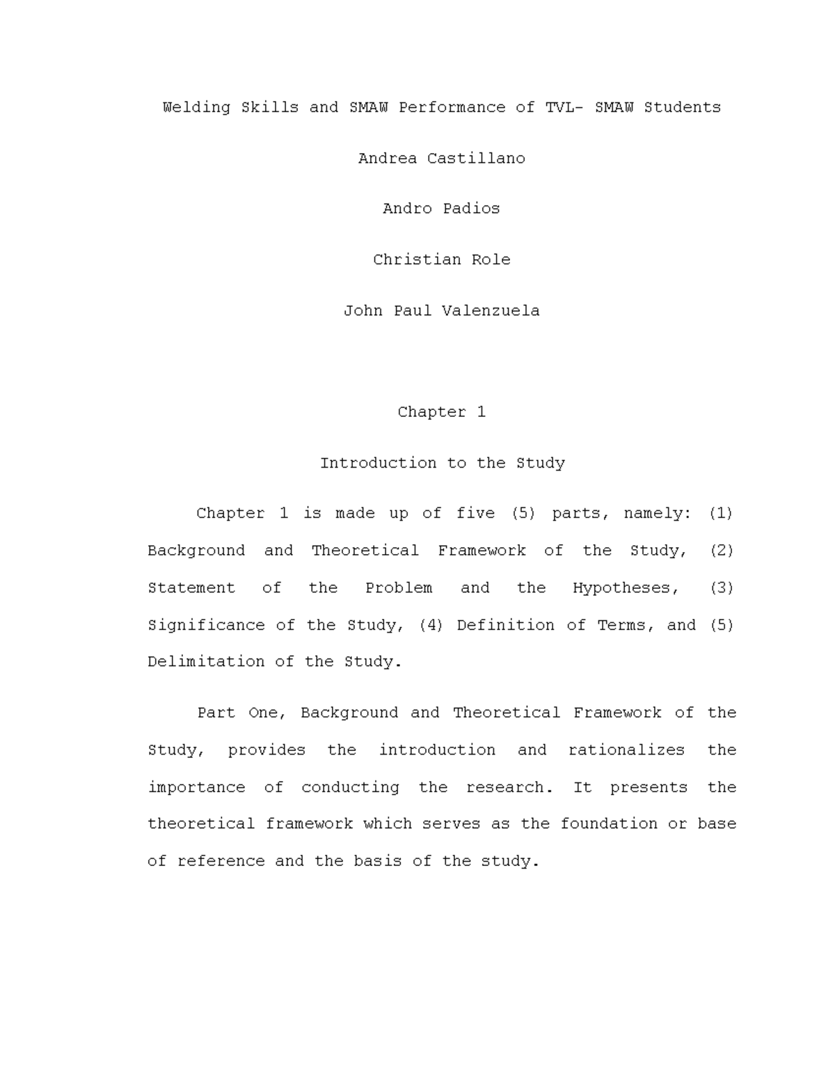 Research Chapter 1: Skills & Performance of TVL-SMAW Students - Studocu