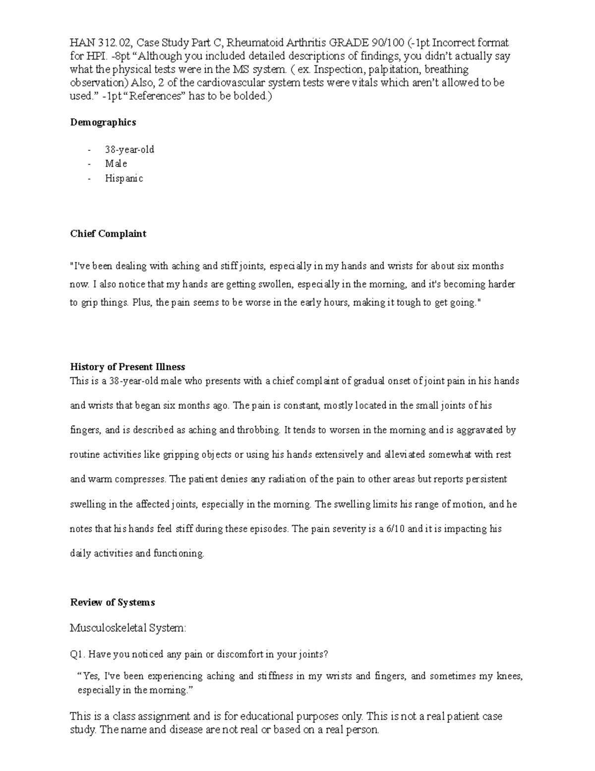 HAN312 Case Study C: Assessment of a Patient with RA Symptoms - Studocu