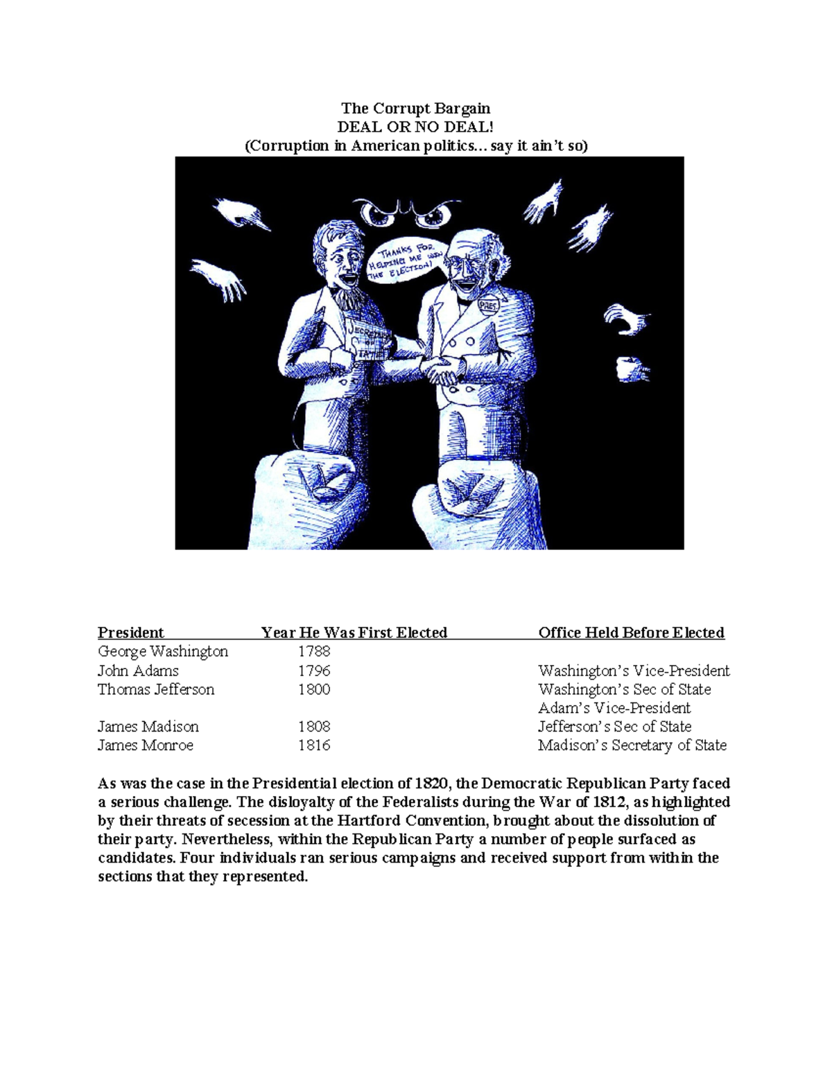 The Corrupt Bargain Assignment - Analysis of the 1824 Presidential ...