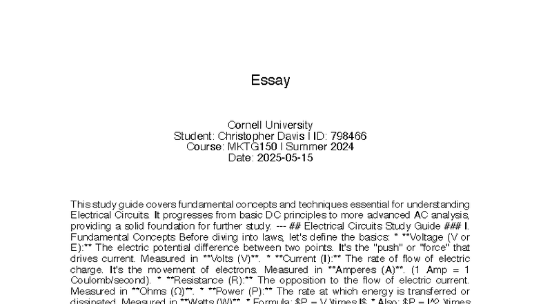 MKTG150 Summer 2024: Electrical Circuits Study Guide - Studocu