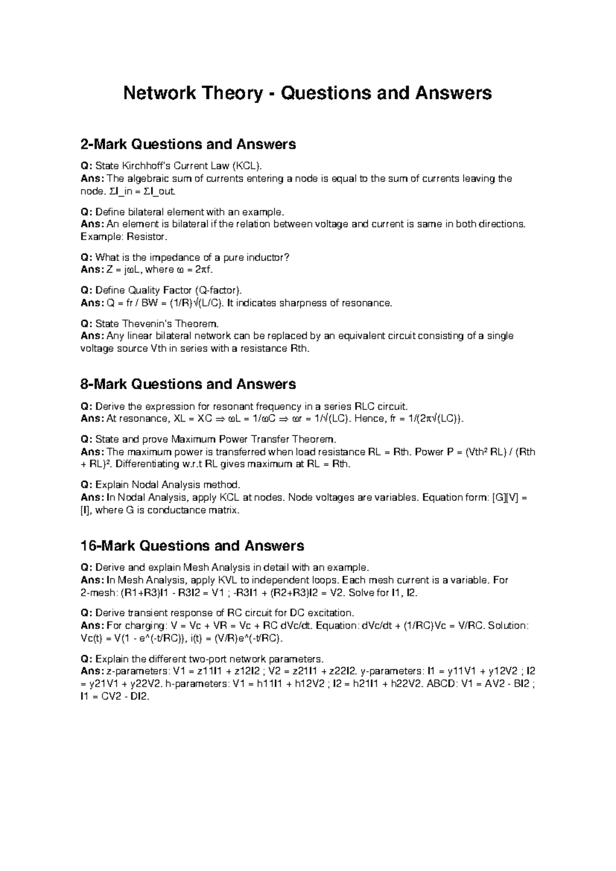 Network Theory QA: Key Concepts and Theorems - Studocu