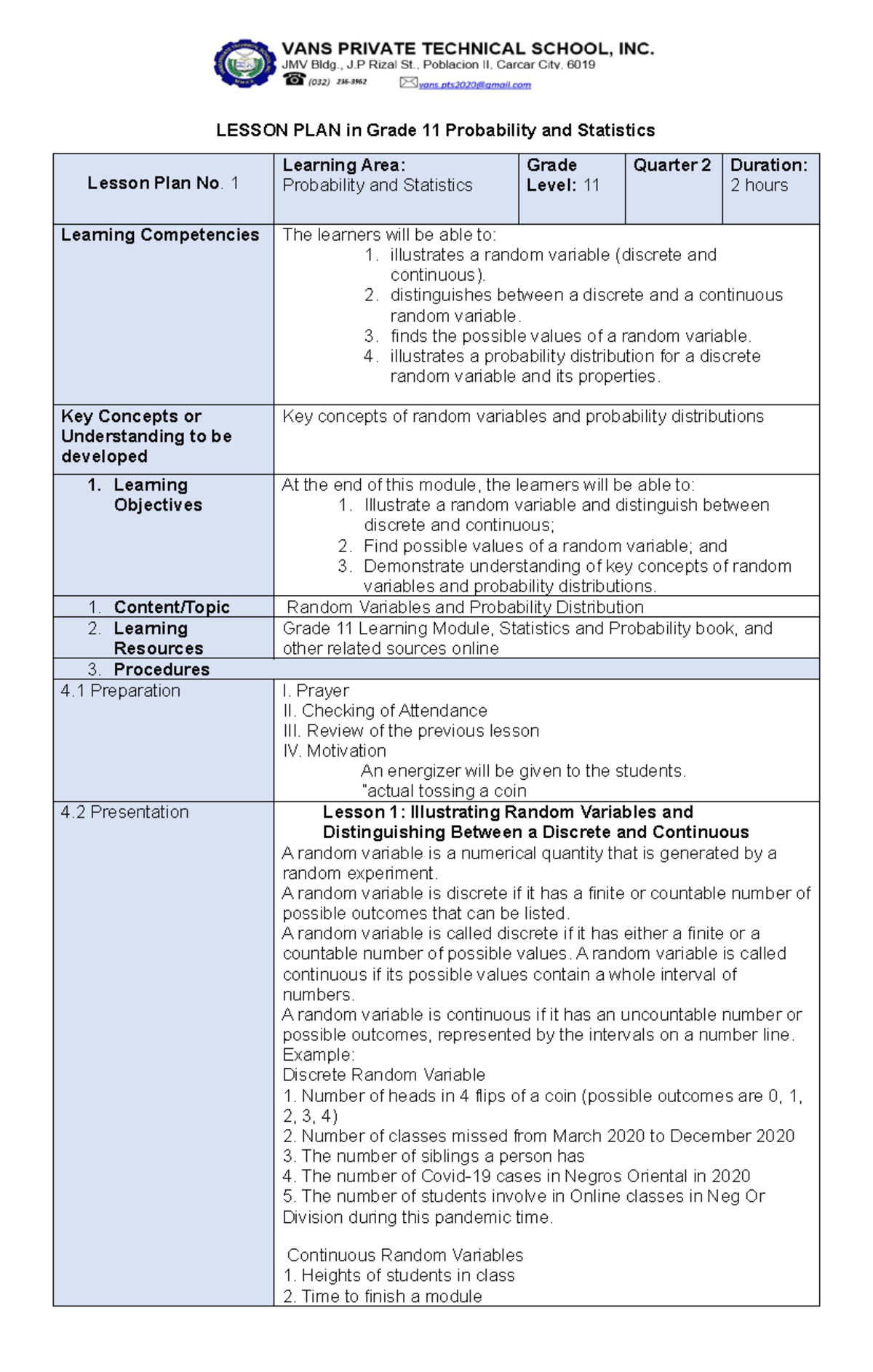 Grade 11 Probability & Statistics: Lesson Plan 1 on Random Variables ...