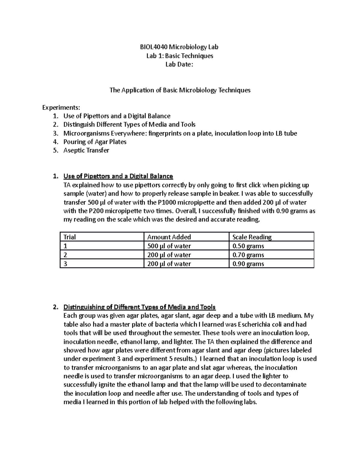 BIOL4040 Microbiology Lab 1 - BIOL4040 Microbiology Lab Lab 1: Basic ...