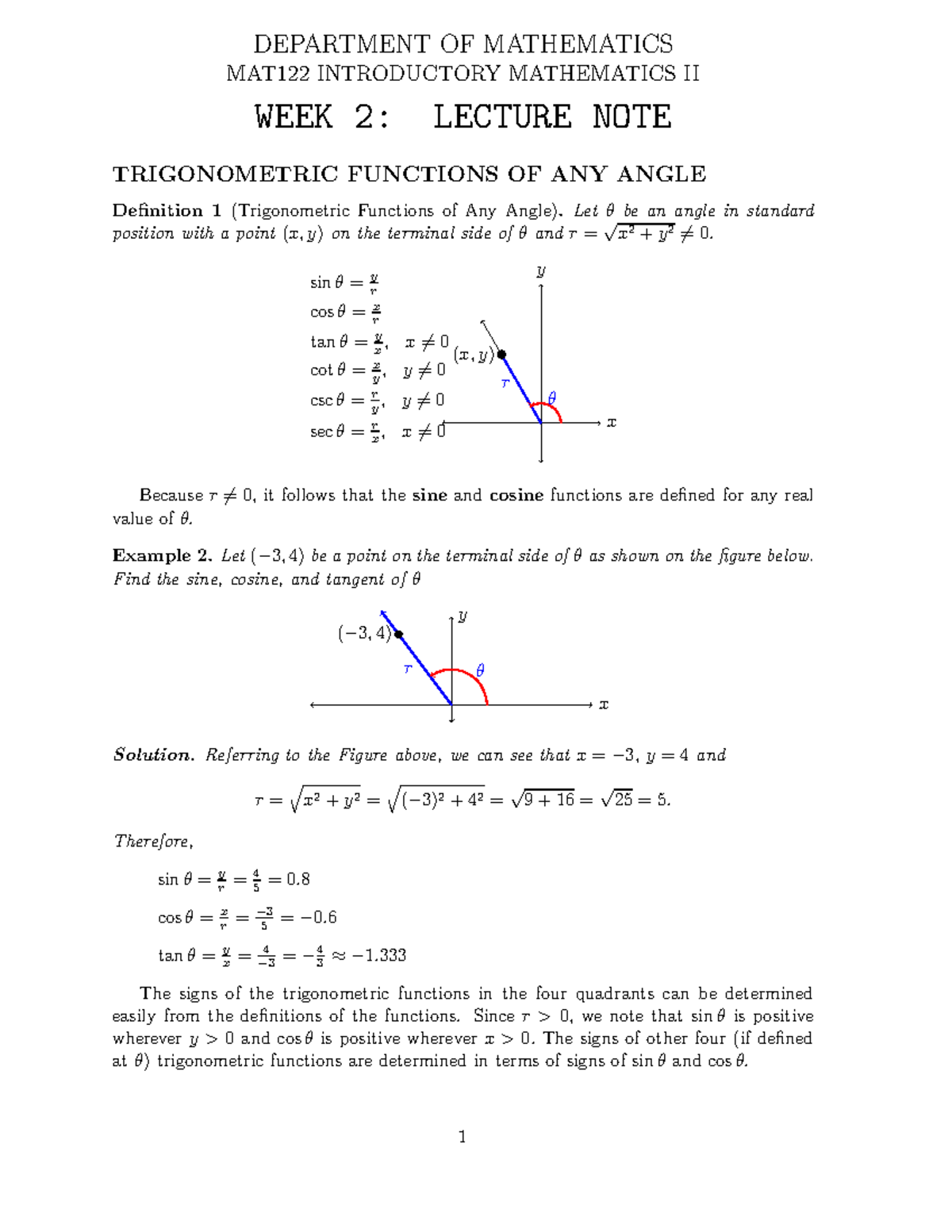 MAT122 Week 2 Lecture Notes: Trigonometric Functions and Graphs - Studocu