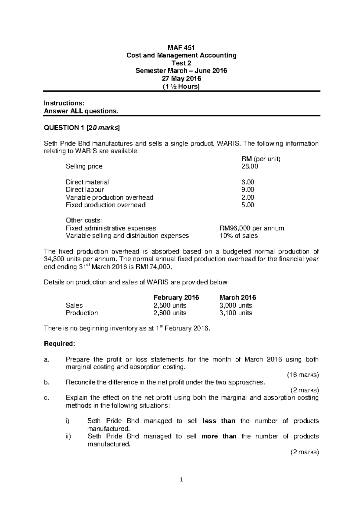 MAF 451 Cost and Management Accounting Test 2 June 2016 - Past Year ...