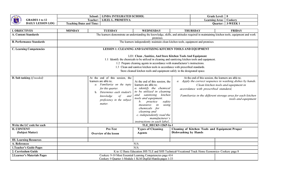 Cookery Lesson Plan for Grade 8: Cleaning & Sanitizing Tools (TLE_HECK9 ...