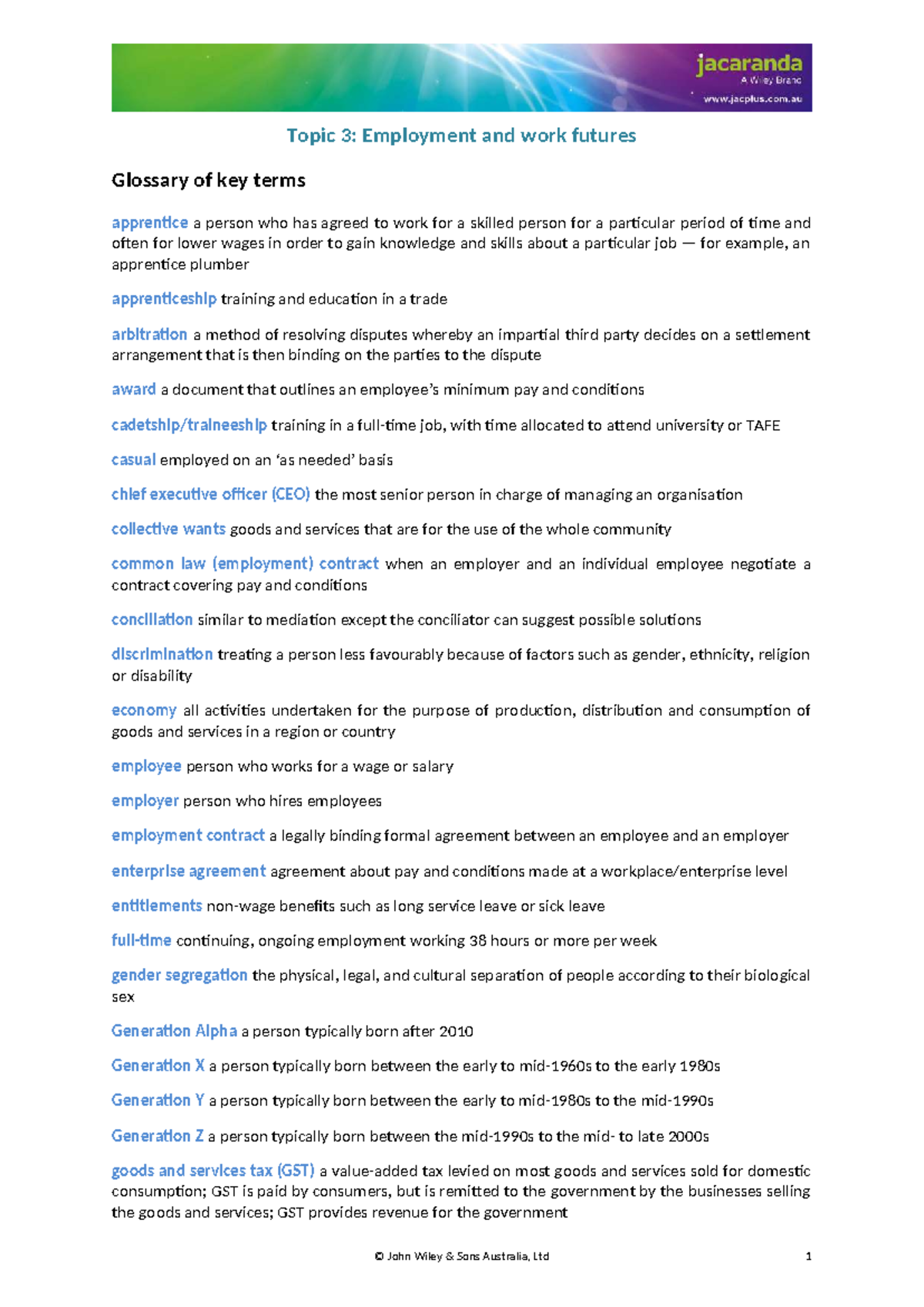 Topic 3: Employment and Work Futures Glossary of Key Terms - Studocu