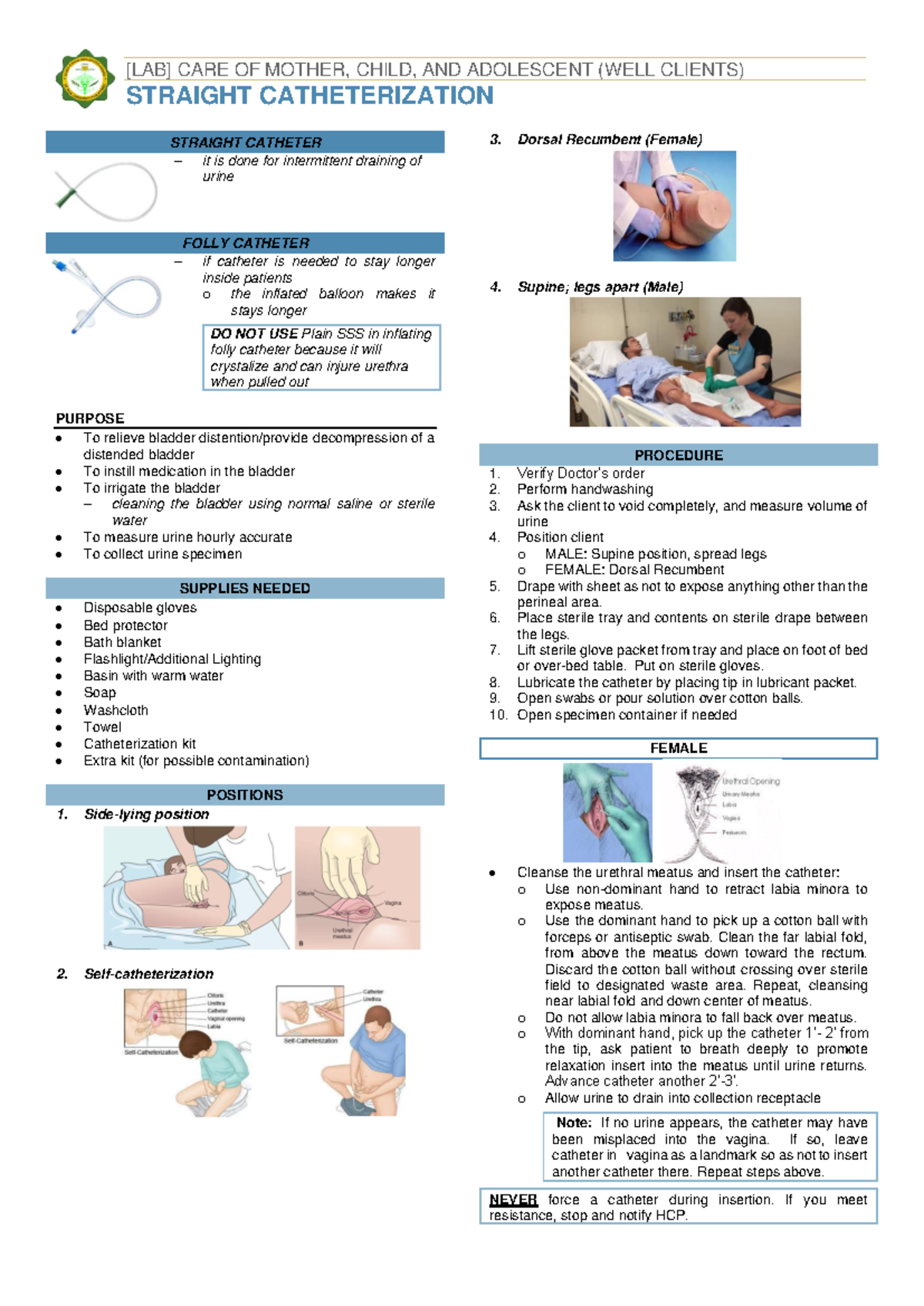 [NCM 107] 3 Straight Catheterization - [LAB] CARE OF MOTHER, CHILD, AND ...