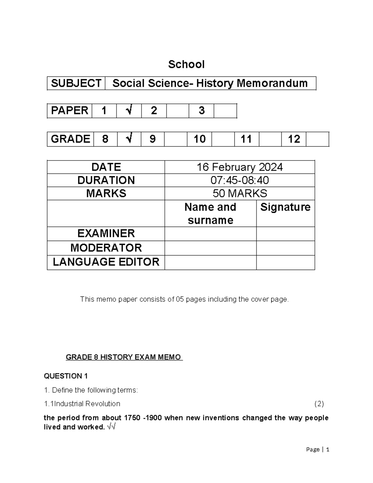 Grade 8 Social Science History Memo Term 1 2024 - Studocu