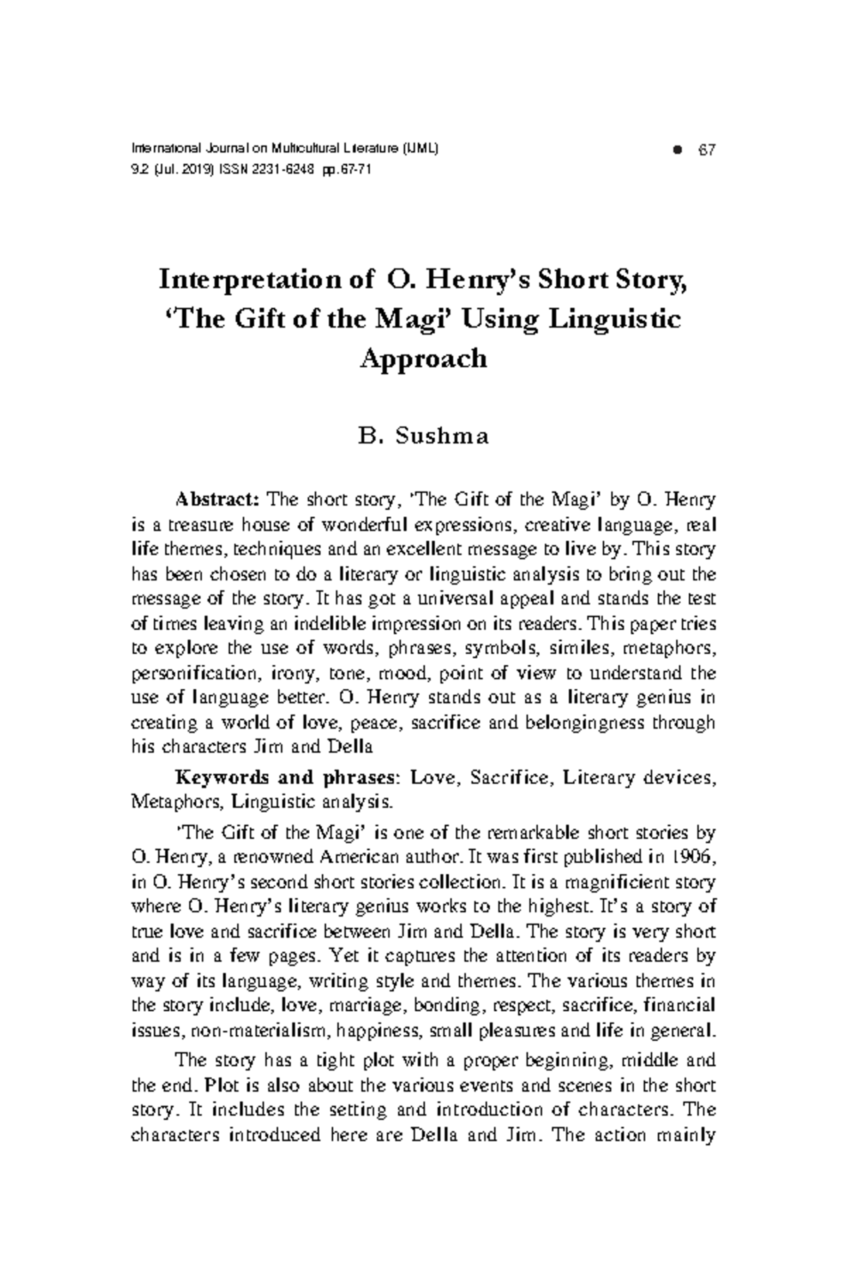 Linguistic Analysis of "The Gift of the Magi" (IJML 9.2) by O. Henry ...