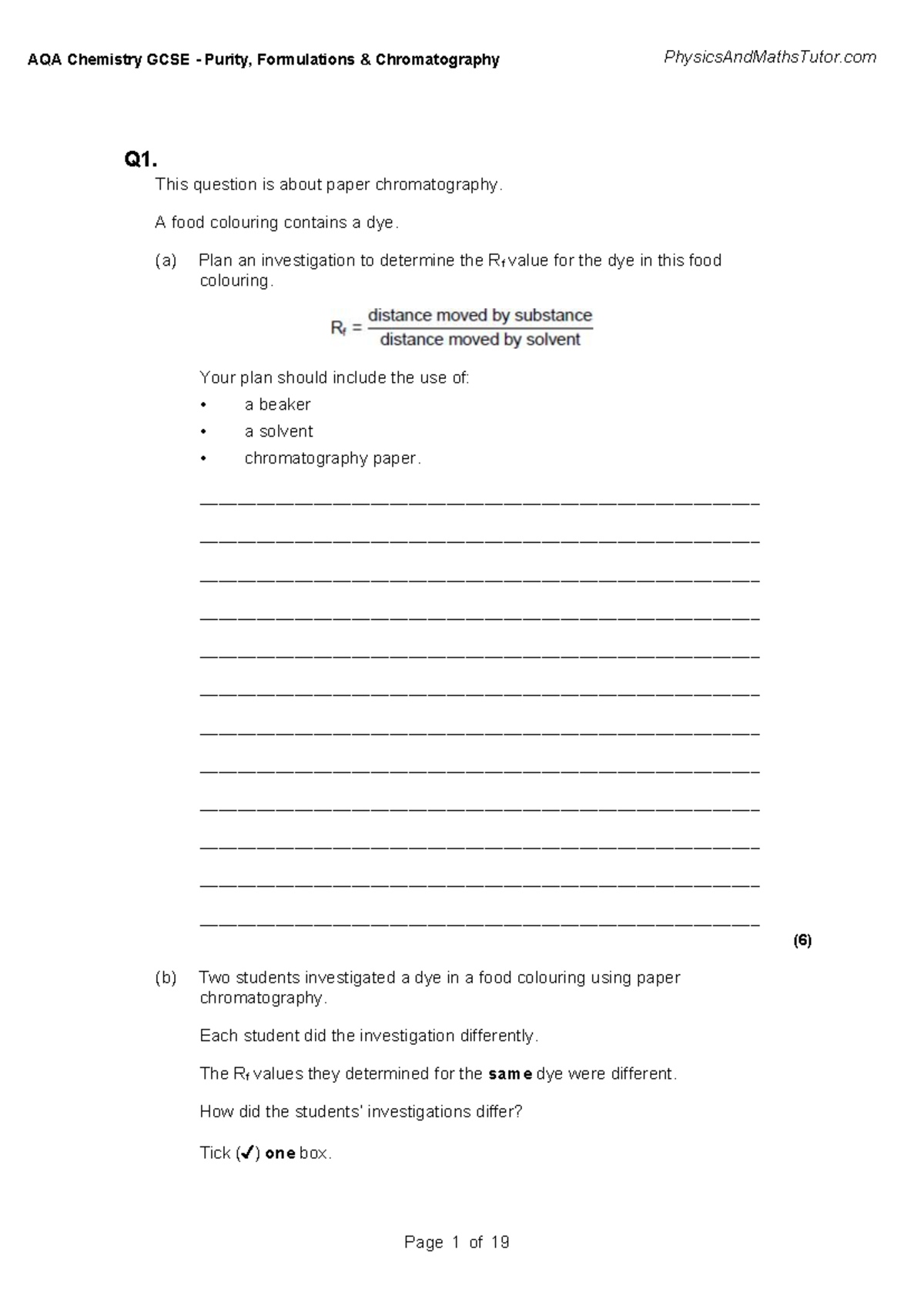 AQA Chemistry GCSE Purity, Formulations & Chromatography QP 1 - Studocu
