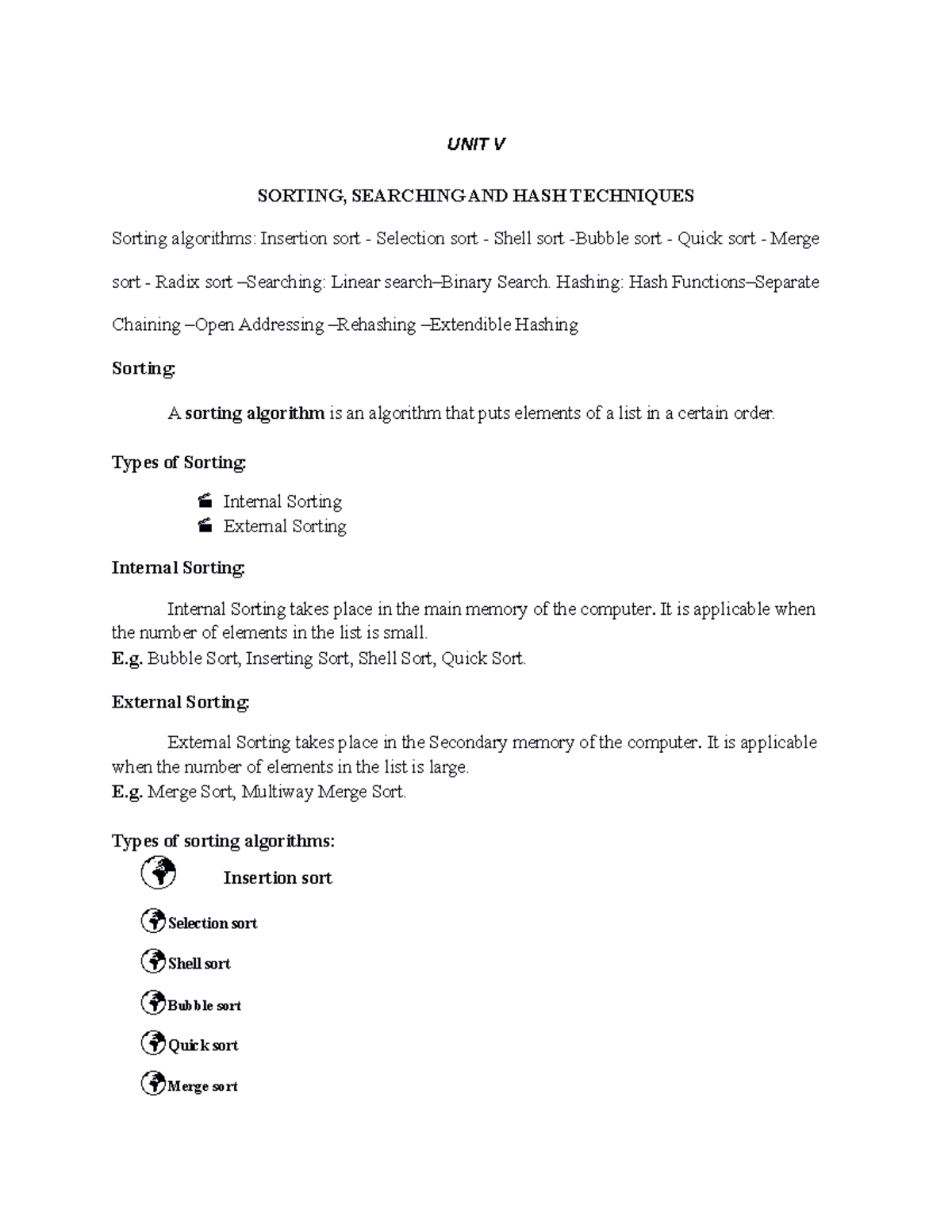 UNIT-5 DS - DATA STRUCTURES: SORTING, SEARCHING & HASH TECHNIQUES - Studocu