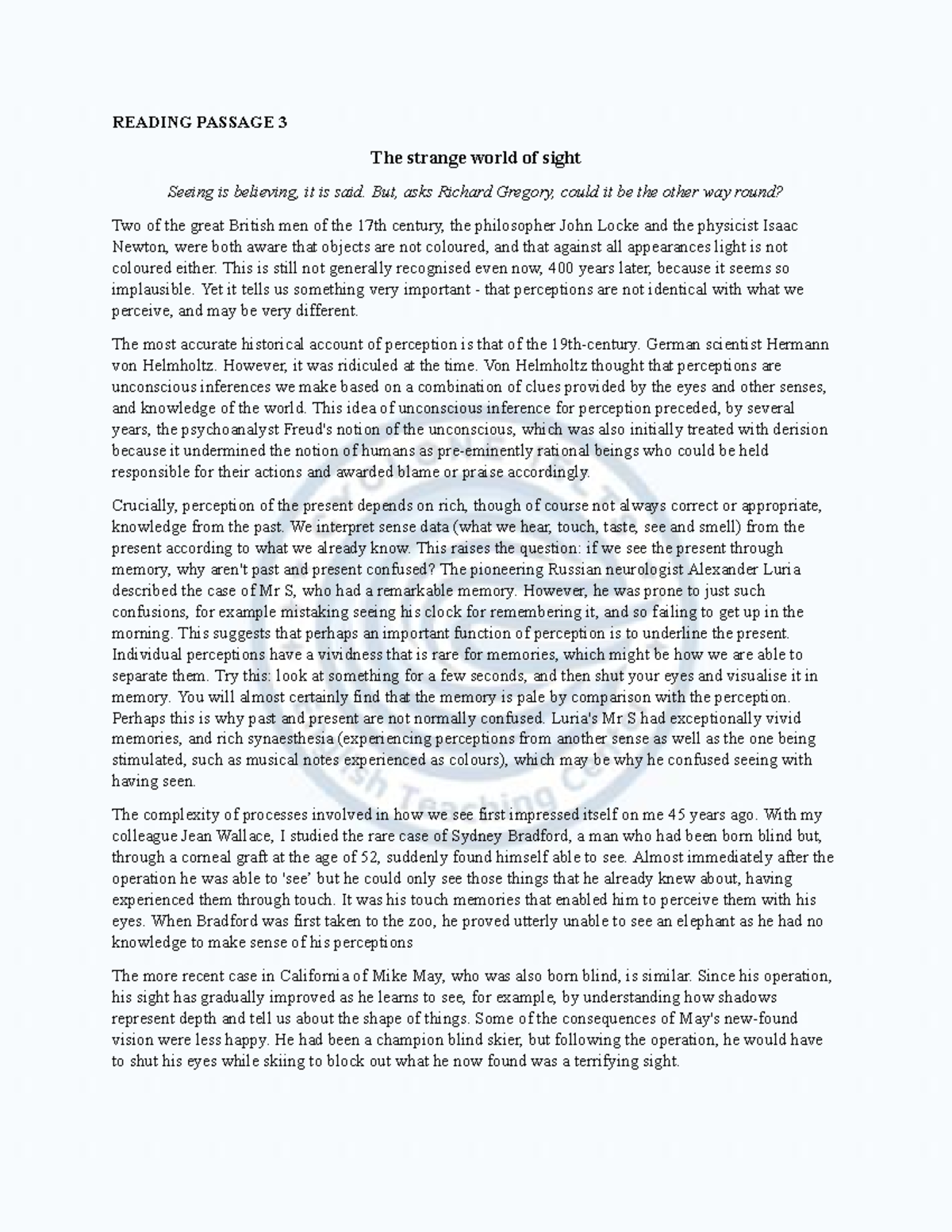 Reading Passage 3 0806 - Perception and Memory Insights - Studocu