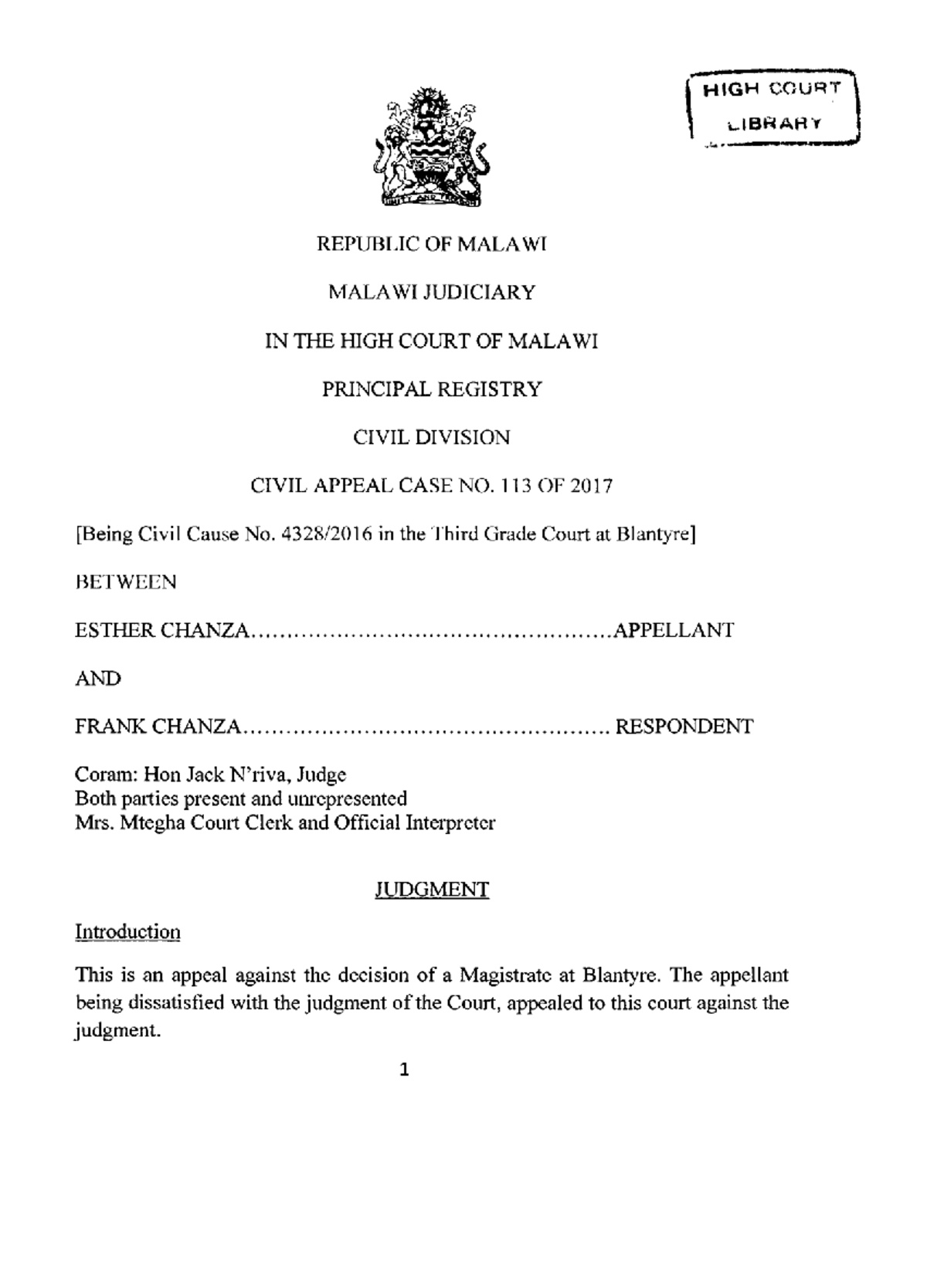Chanza v Chanza: Civil Appeal No. 113 of 2017 Judgment Analysis - Studocu
