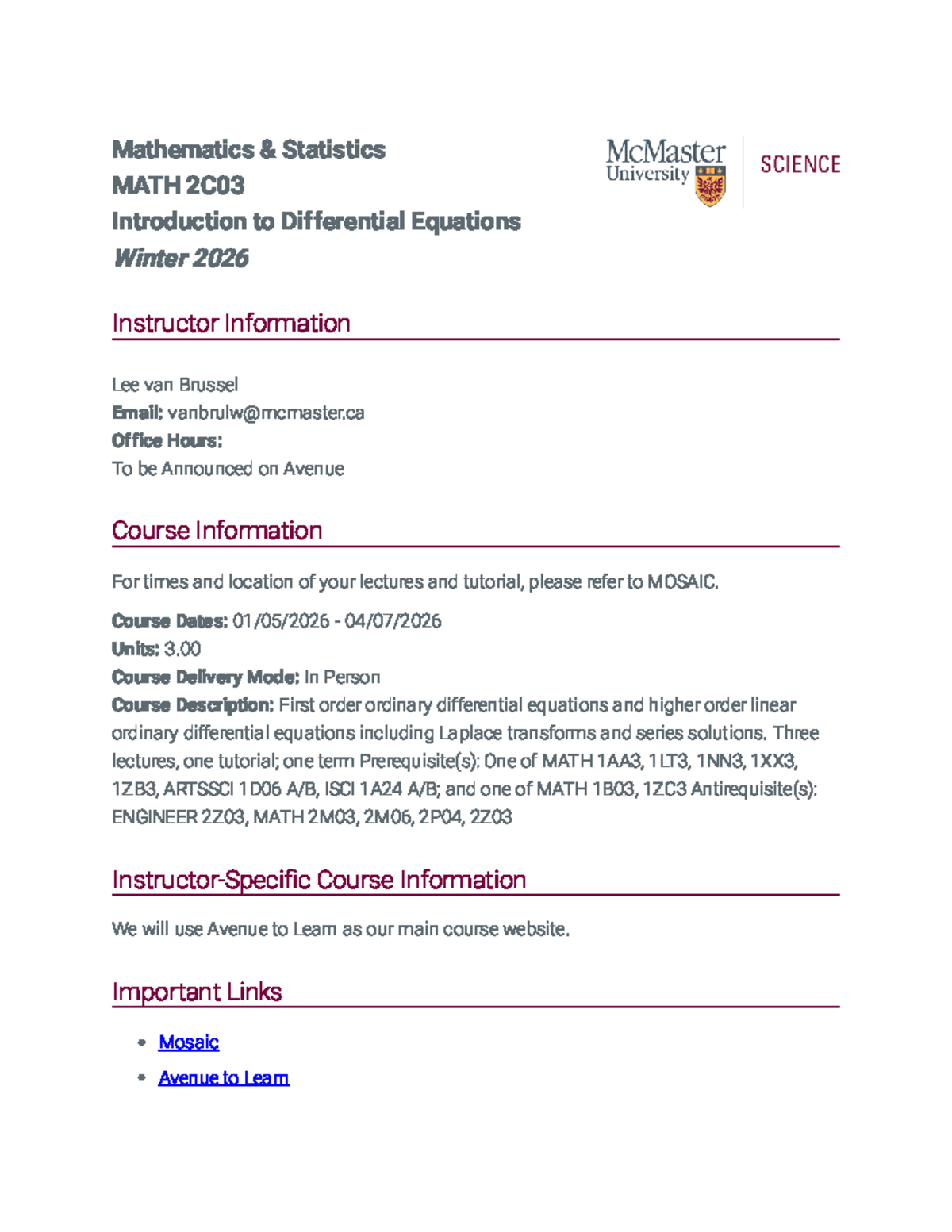 Winter 2026 MATH 2C03 Course Outline: Introduction to Differential ...