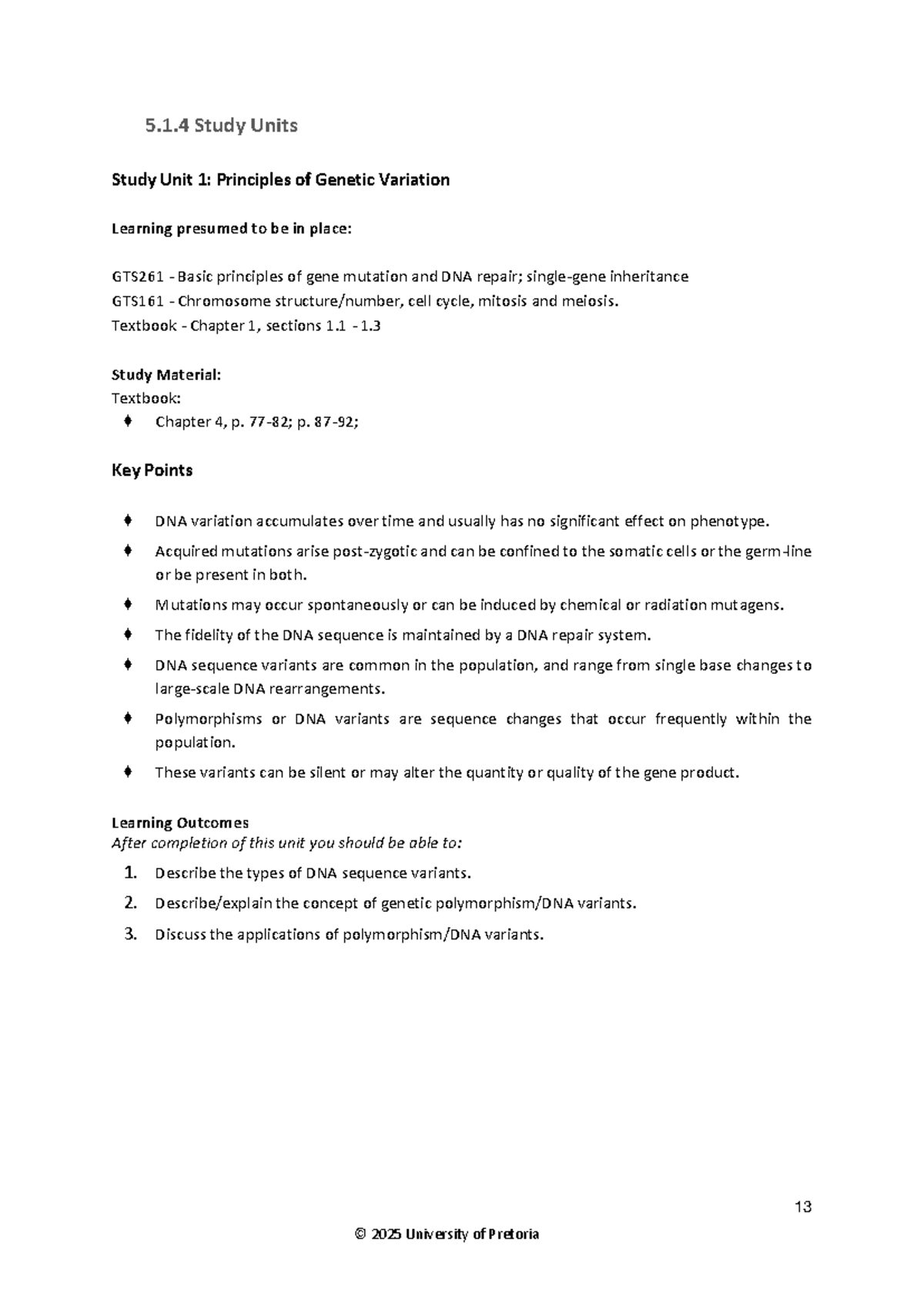 GTS261 & GTS161 Genetic Variation & Disease: Study Units Overview - Studocu