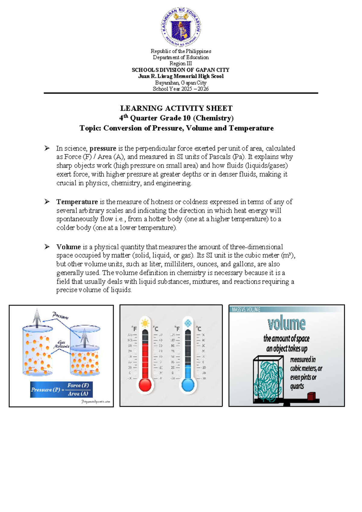 LAS 4th Quarter Grade 10 Chemistry: Pressure, Volume & Temp Conversion ...