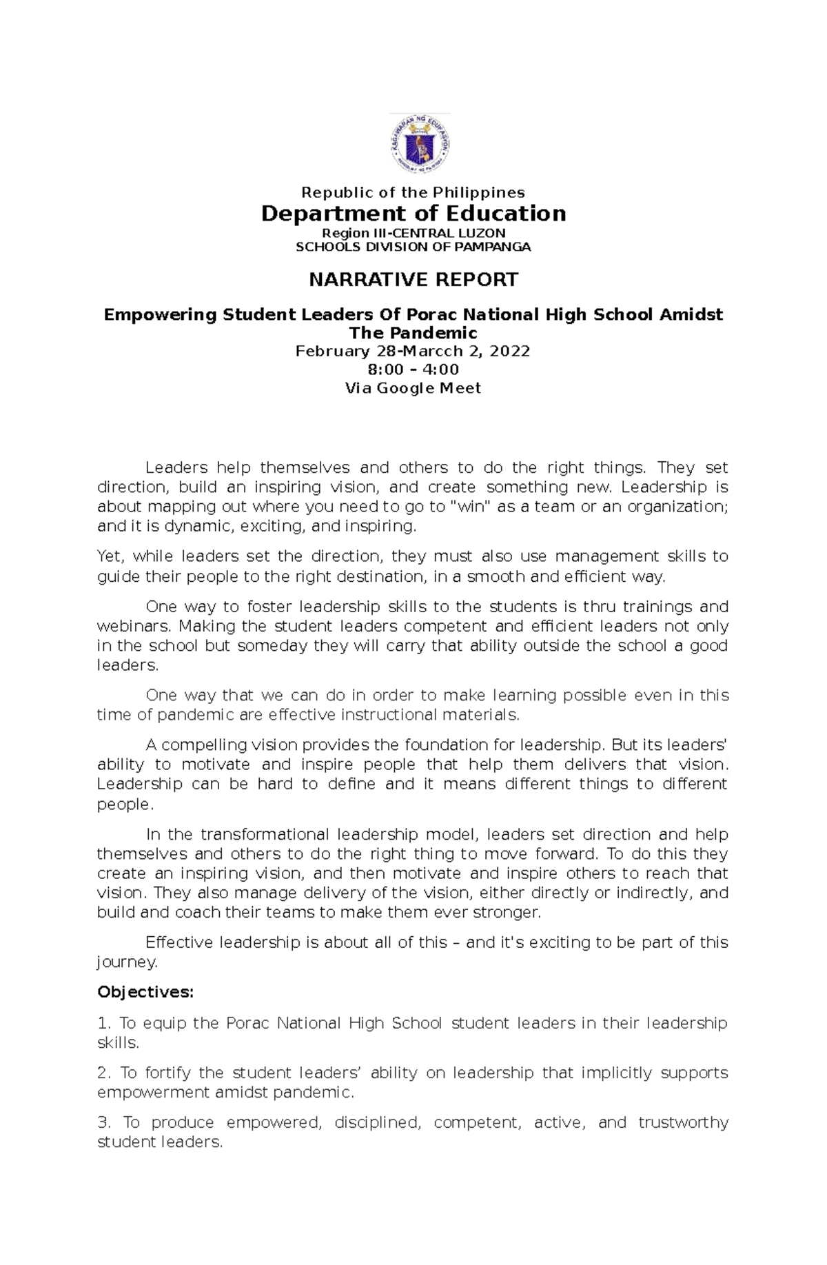 SSG Webinar Narrative Report: Empowering Student Leaders 2022 - Studocu