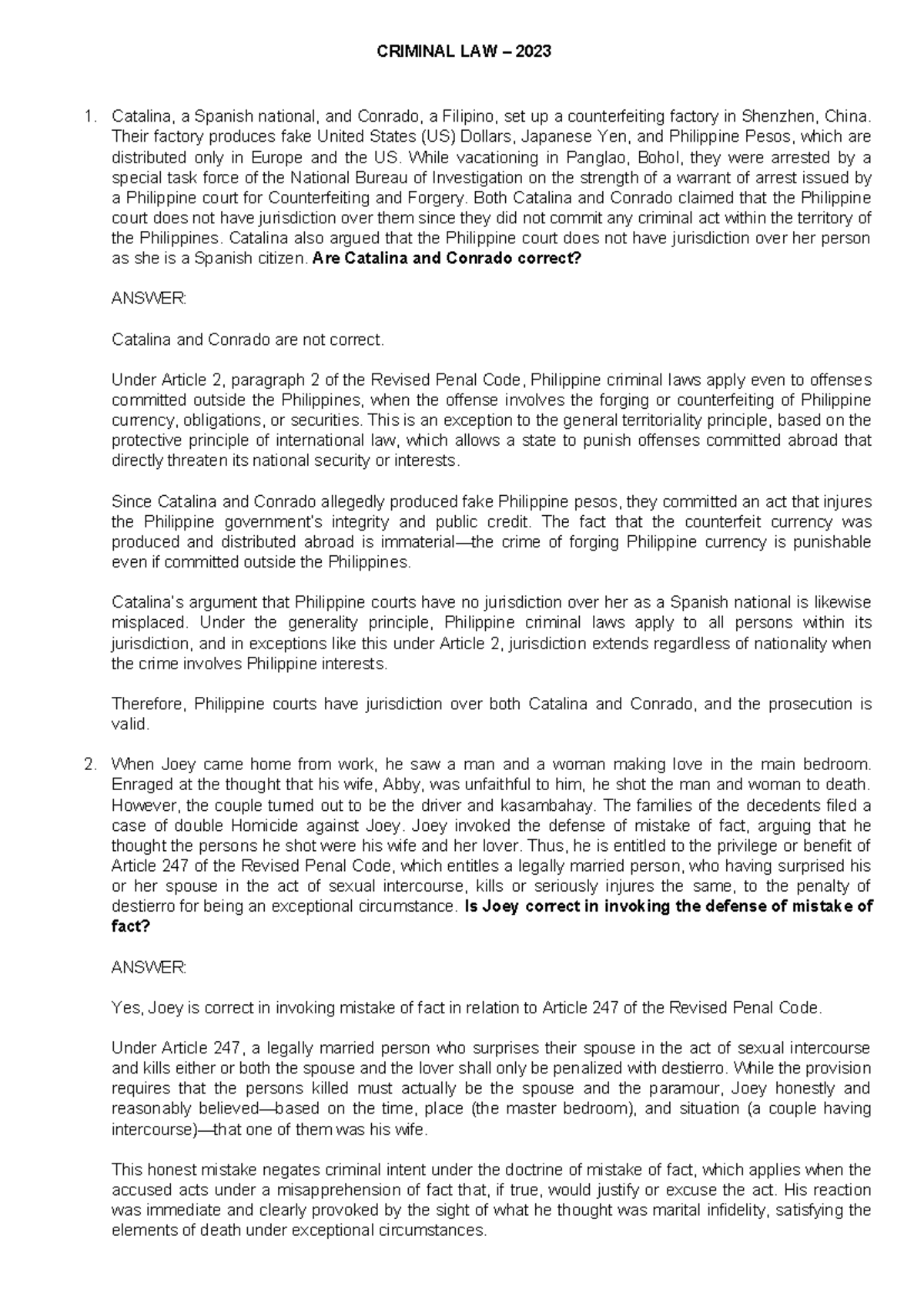 Criminal Law 2023 - Bar Questions & Suggested Answers Analysis - Studocu