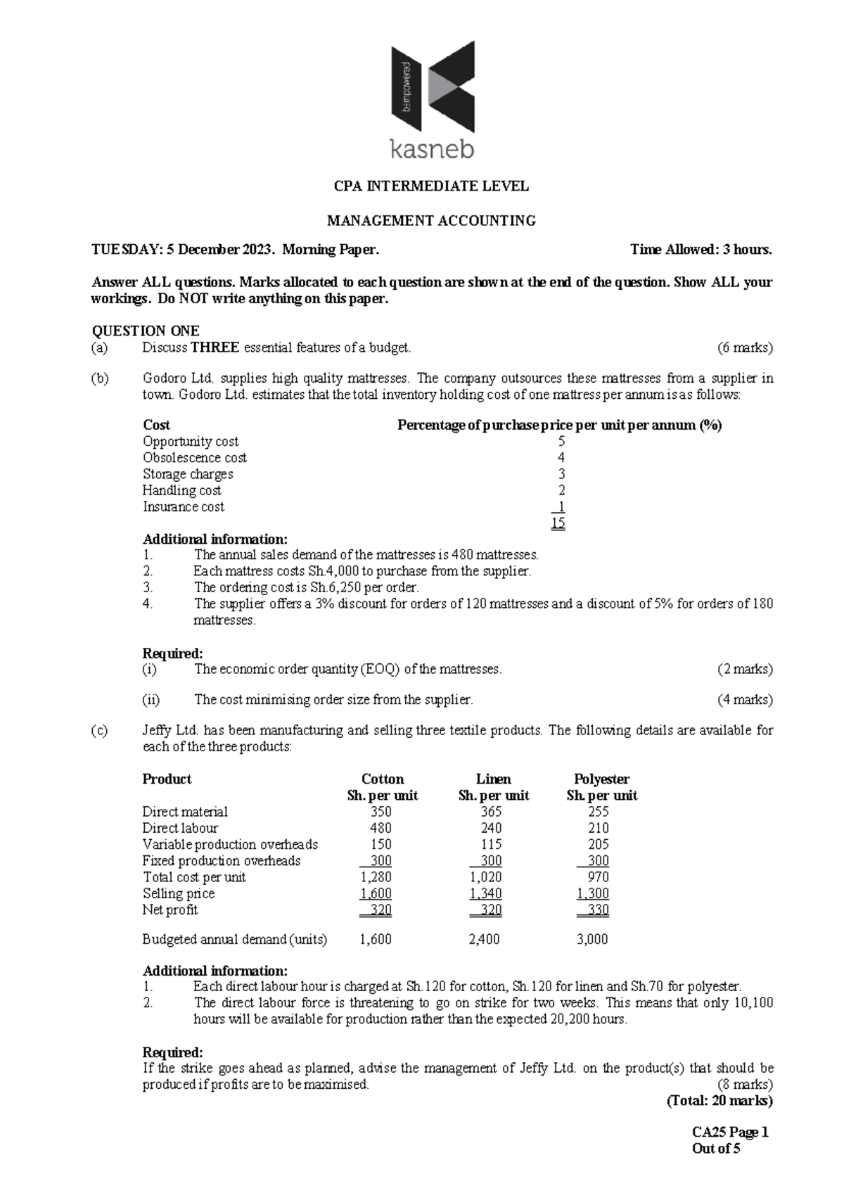CA25 Management Accounting: CPA Intermediate Level Practice Paper - Studocu