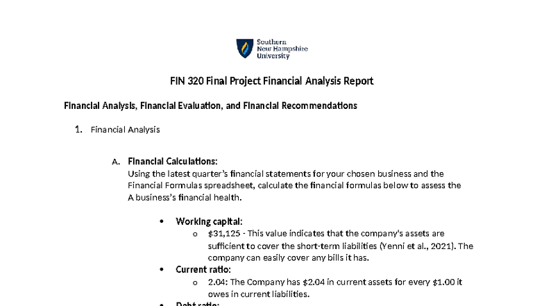 FIN 320 Final Project: Comprehensive Financial Analysis Report - Studocu