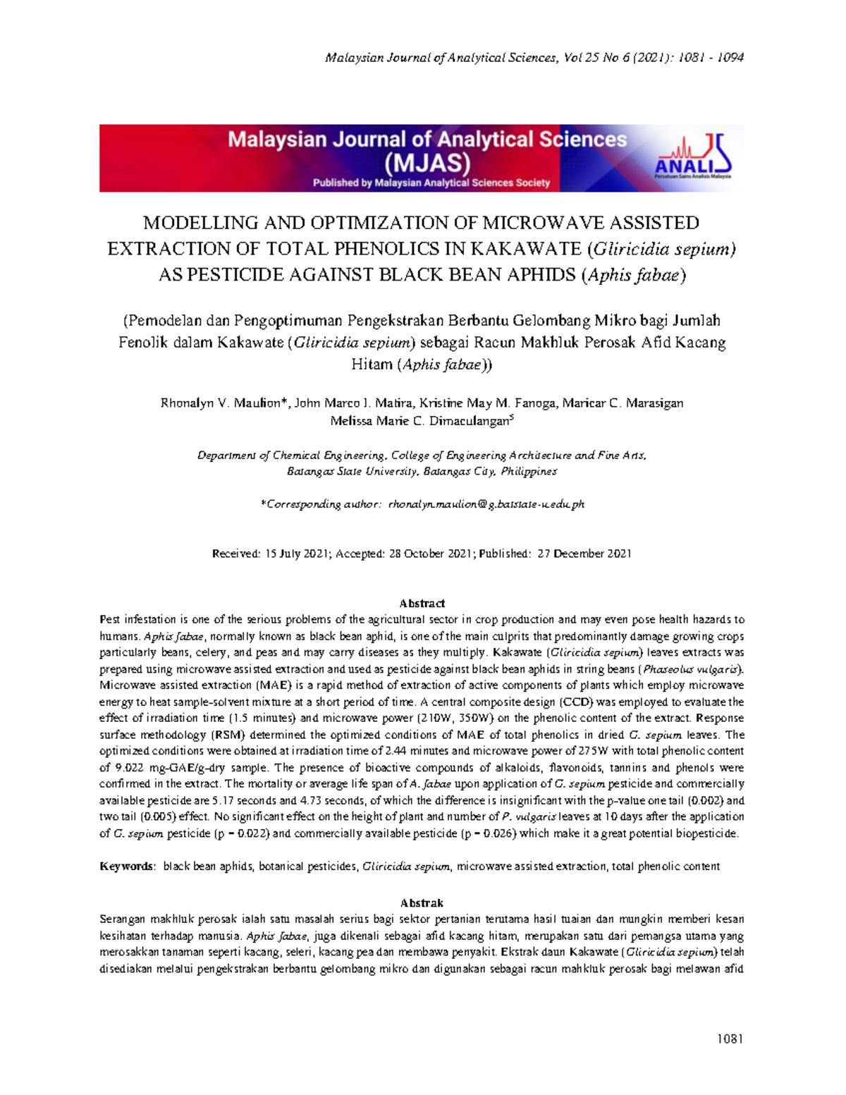 Maulion et al: Modeling & Optimizing Microwave Extraction of Phenolics ...