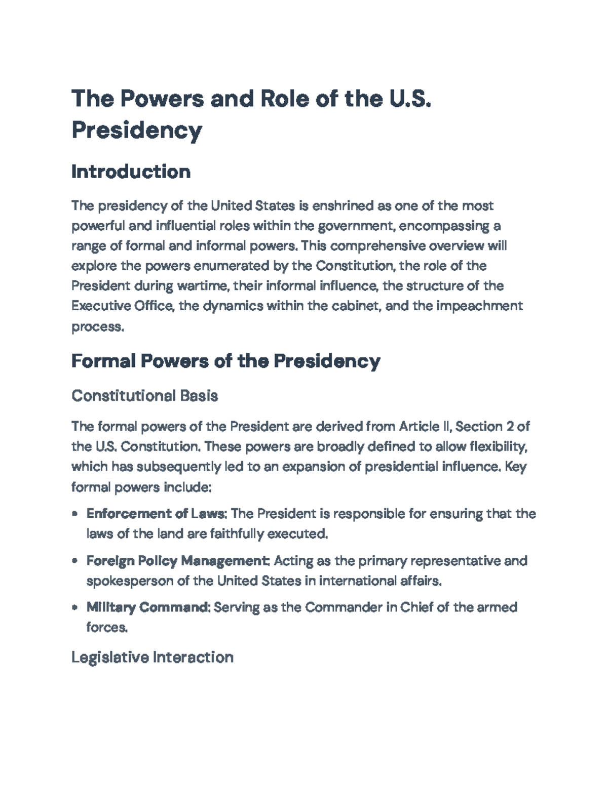 The Powers and Role of the U.S. Presidency (Course Code: POLS 101 ...