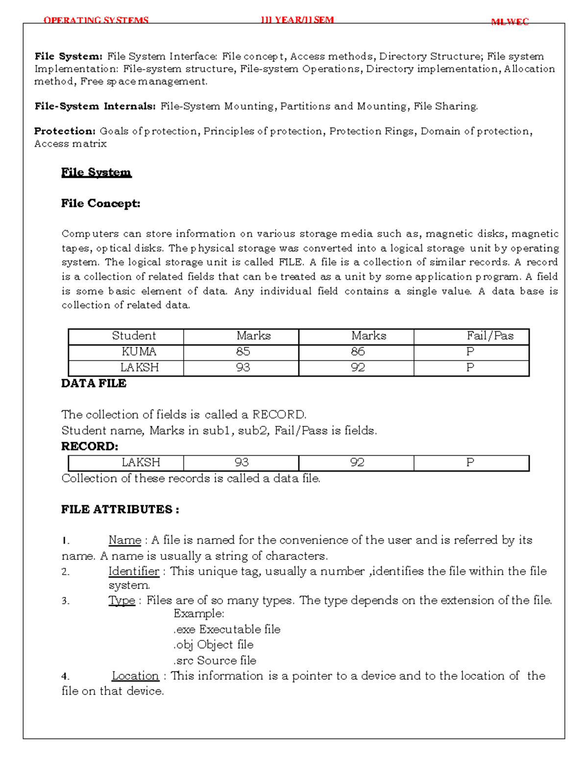 OS-UNIT-V: File System Concepts, Operations, and Protection Mechanisms ...