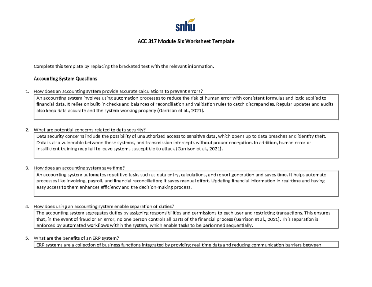 Financial Data Analysis - ACC 317 Module Six Worksheet - Studocu