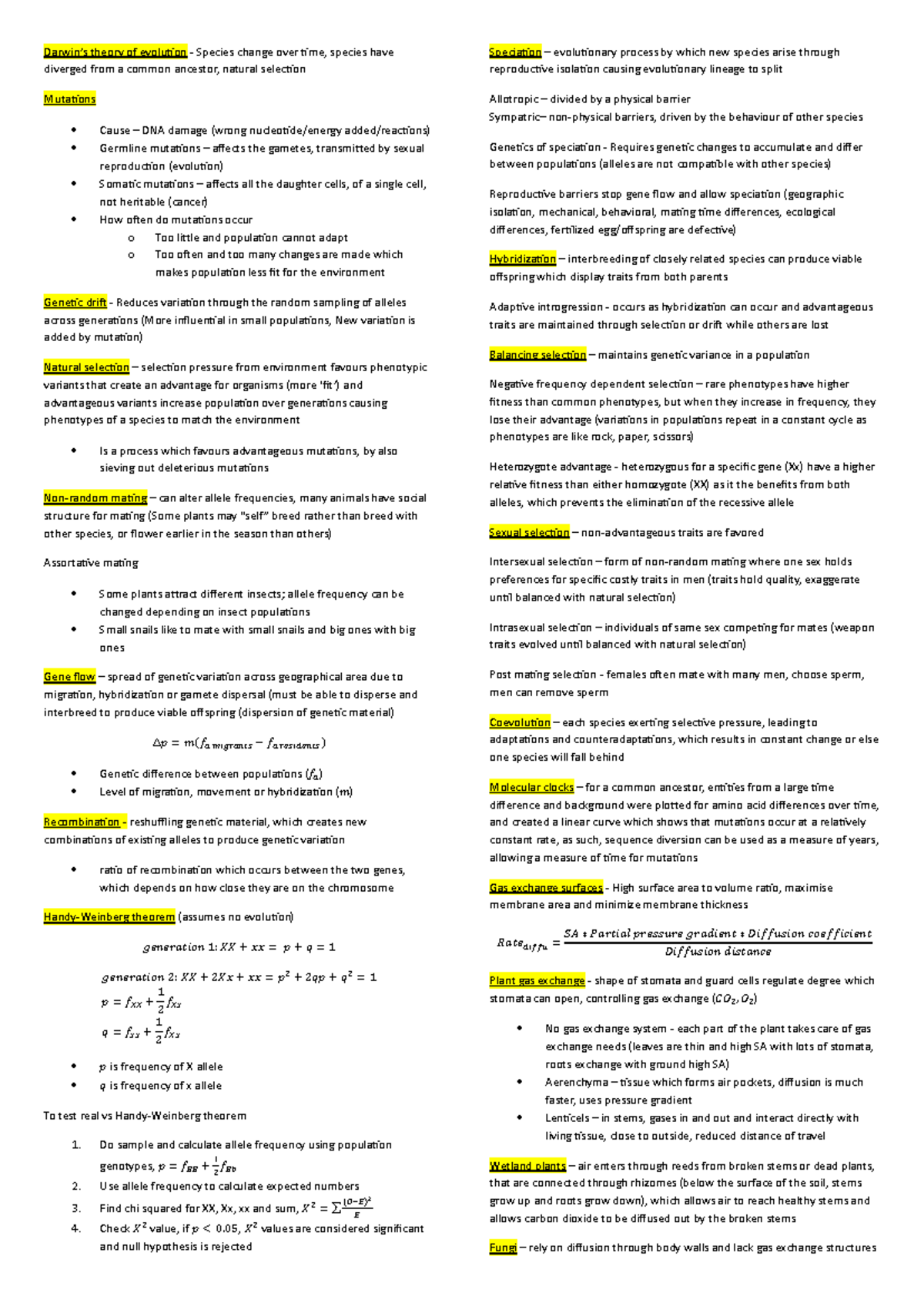 Evolutionary Biology Exam Notes: Theory of Evolution and Speciation ...