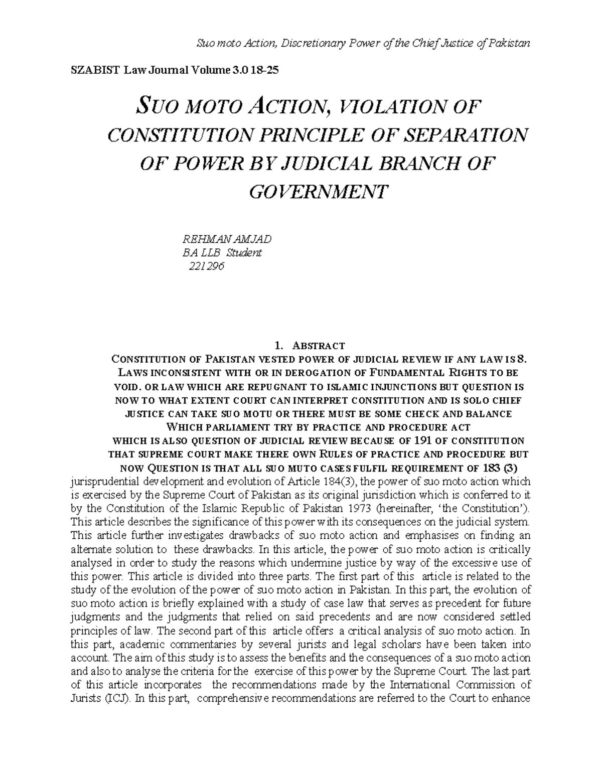 Suo Moto Action & Discretionary Power of Chief Justice - SZABIST Law ...