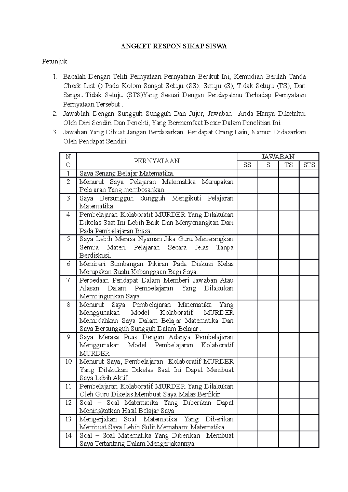Angket Respon Sikap Siswa Terhadap Model Pembelajaran Kolaboratif ...