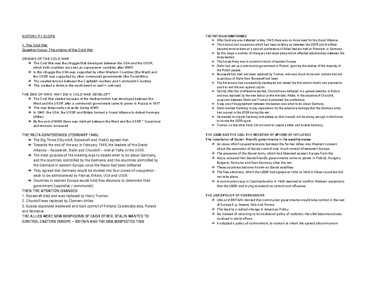HIST P1 Final Exam Study Notes: The Cold War & Civil Rights Movement ...