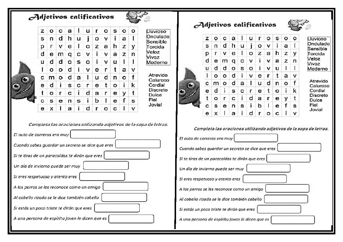 Ficha de Adjetivos Calificativos: Ejercicios y Respuestas - Studocu