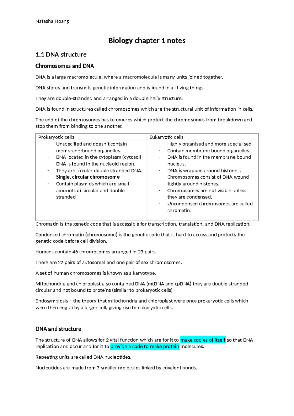 Biology 101: Chapter 1 Notes on DNA Structure and Function - Studocu