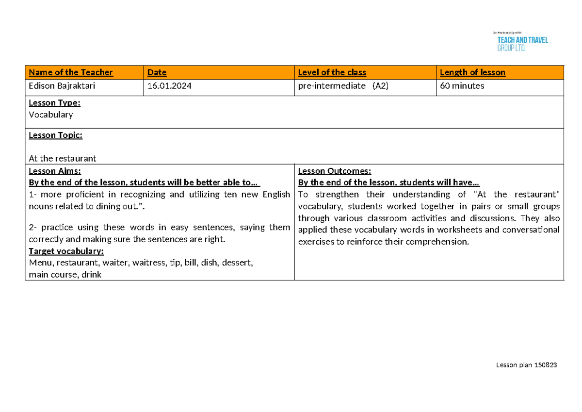 TEFL 1943243 A2 Vocabulary Lesson Plan: At the Restaurant - Studocu