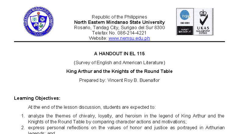 EL 115 Handout: Exploring King Arthur and the Knights of the Round ...