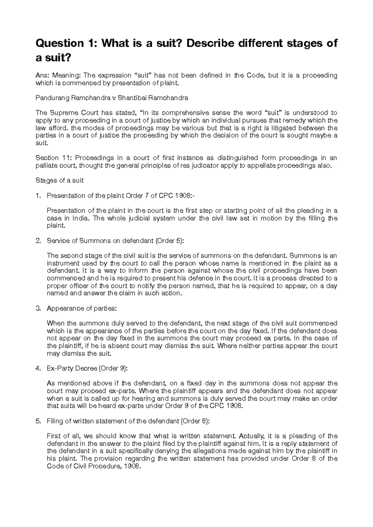 CPC Notes - Nil - Question 1: What is a suit? Describe different stages ...