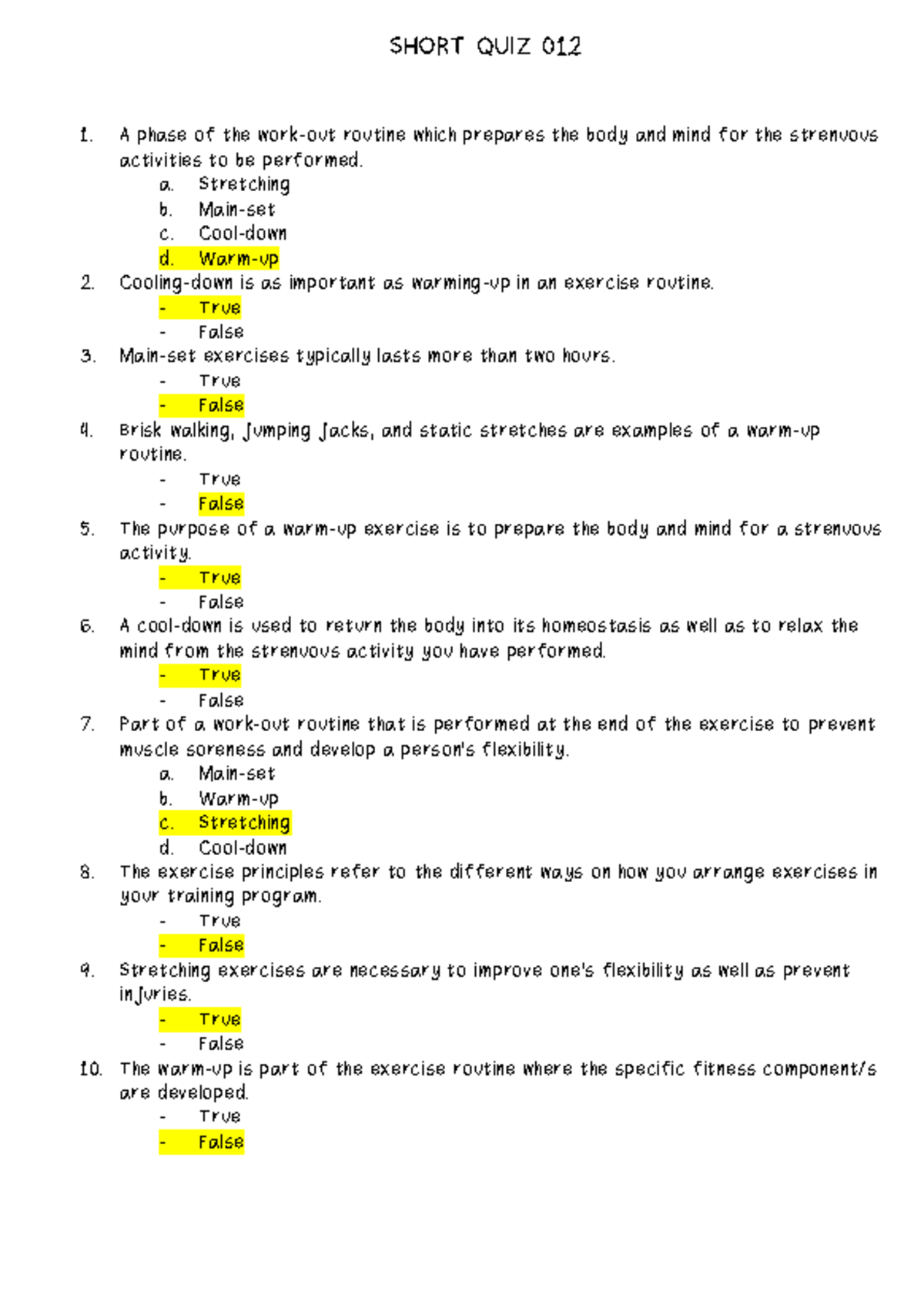 Short Quiz 012: Understanding Warm-up & Cool-down Exercises - Studocu