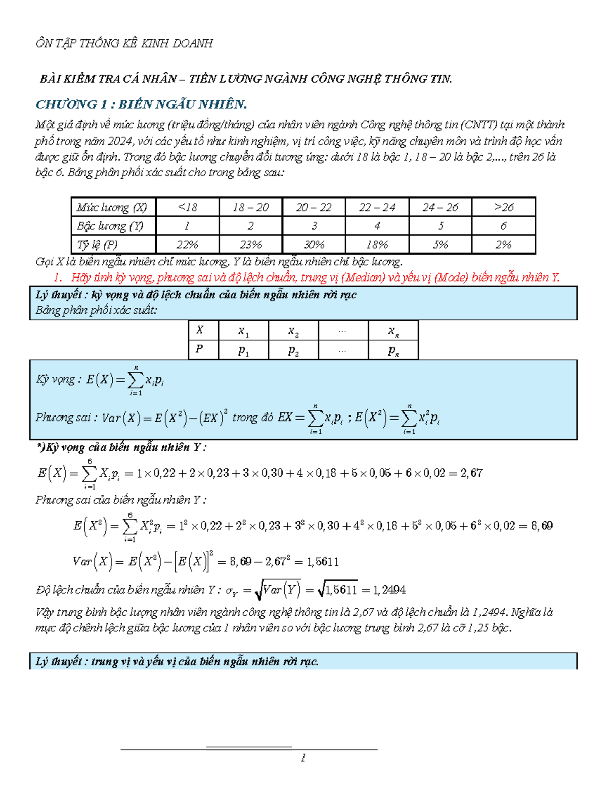 ÔN TẬP THỐNG KÊ KINH DOANH - BÀI KIỂM TRA CÁ NHÂN CHƯƠNG 1: BIẾN NGẪU ...