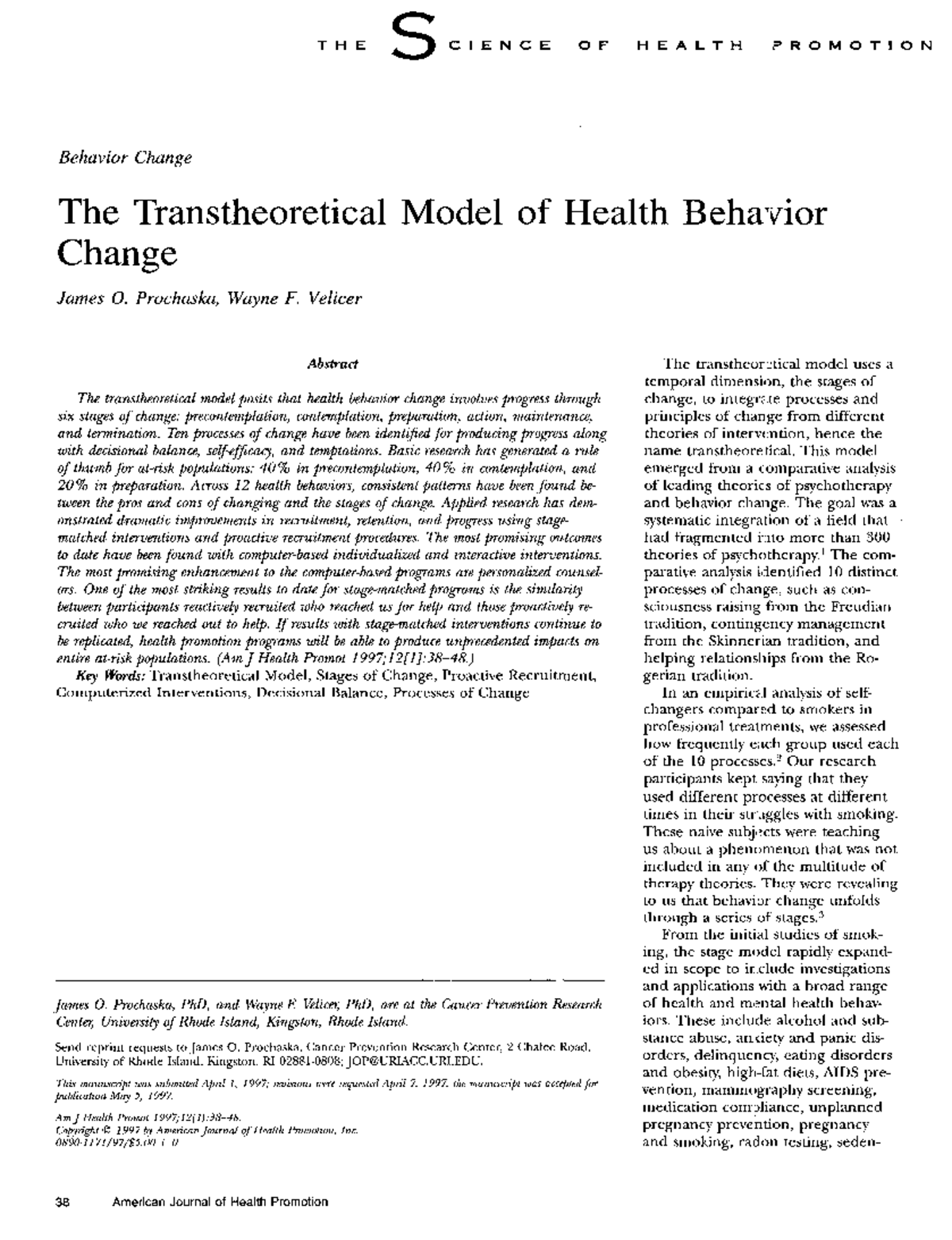 Transtheoretical Model of Health Behavior Change Overview (PBHL 101 ...