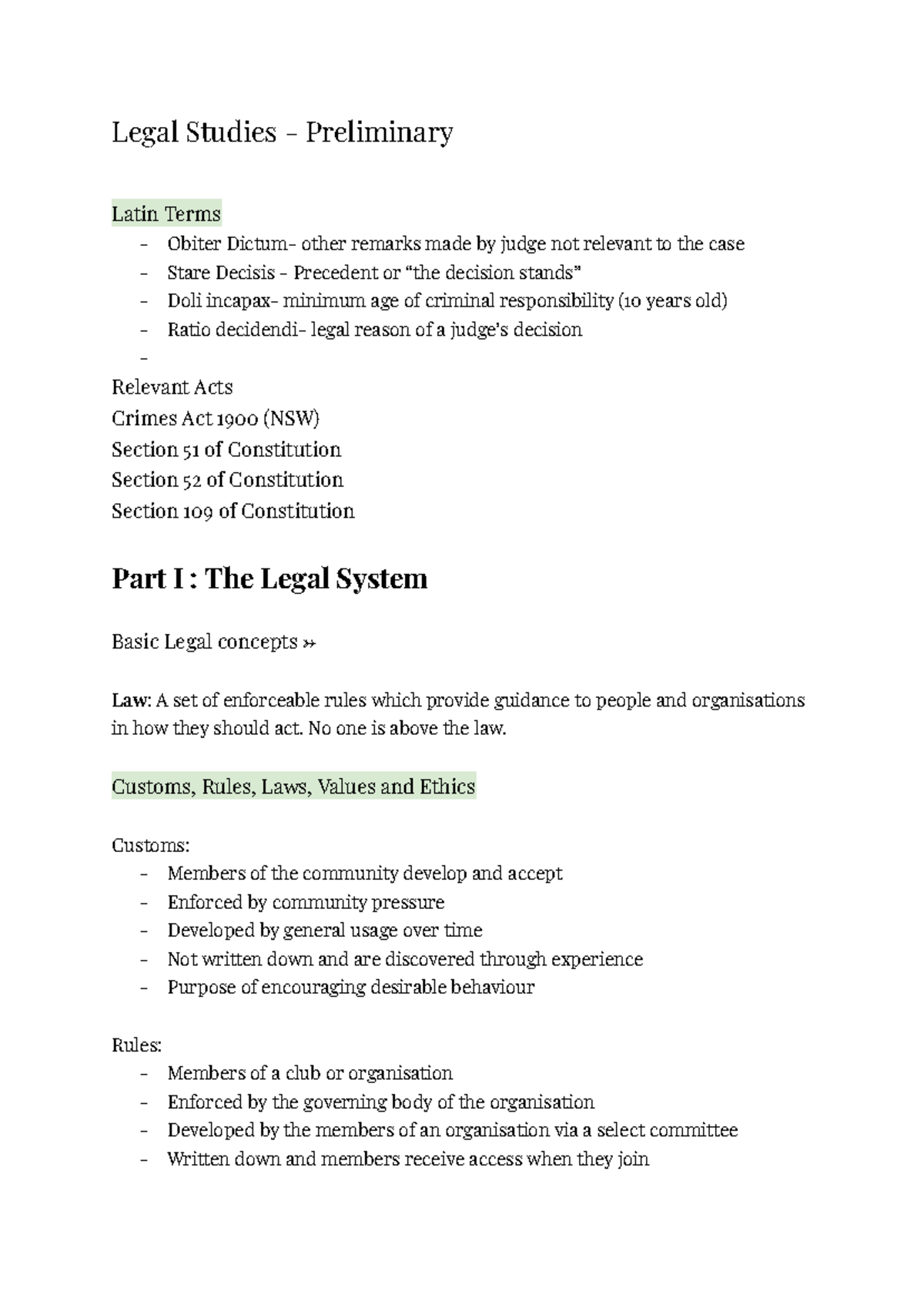 Legal Studies Preliminary Notes: Key Concepts and Laws Overview - Studocu