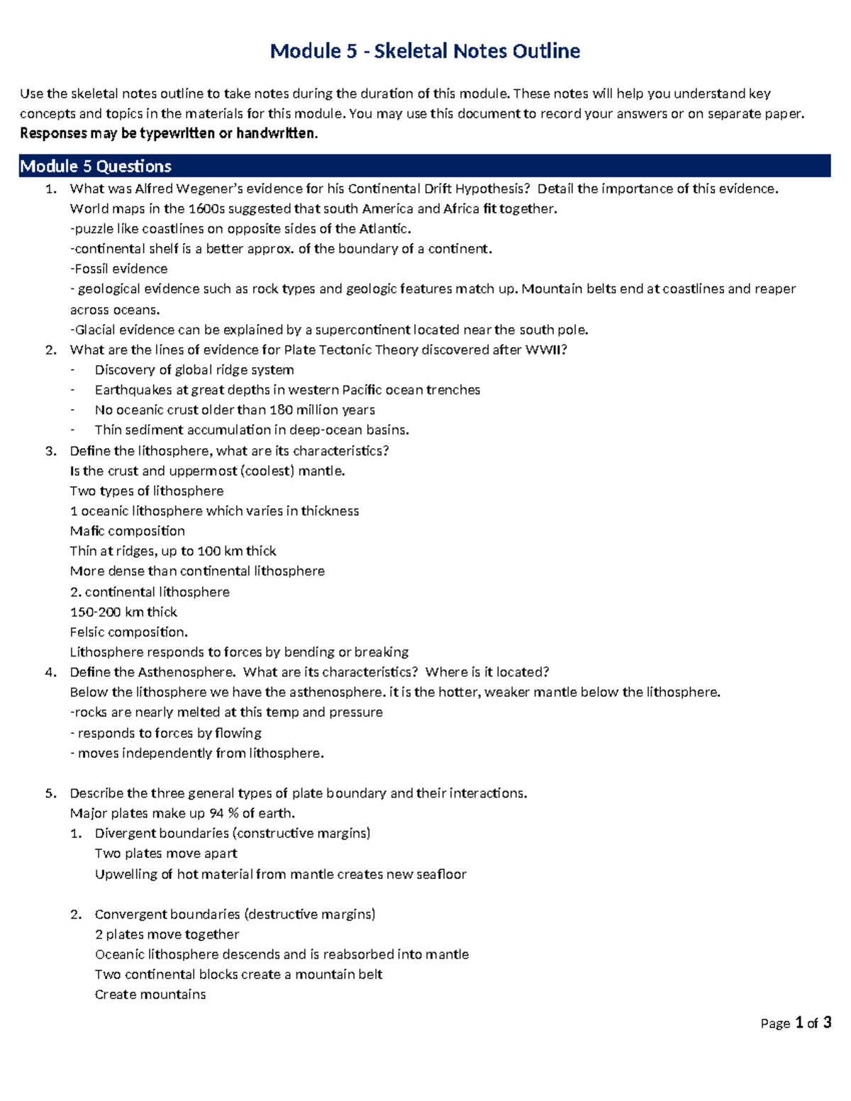 Module 5: Revised Skeletal Notes on Plate Tectonics and Evidence - Studocu