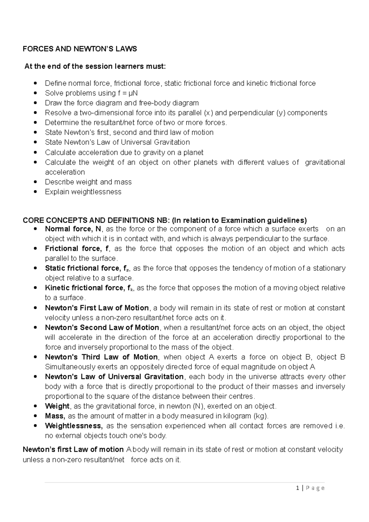 2022 Physical Sciences Forces & Newton's Laws Revision Document - Studocu