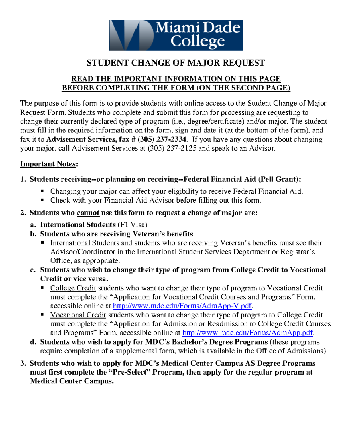 MDC Change of Major Request Form - Important Info & Instructions - Studocu
