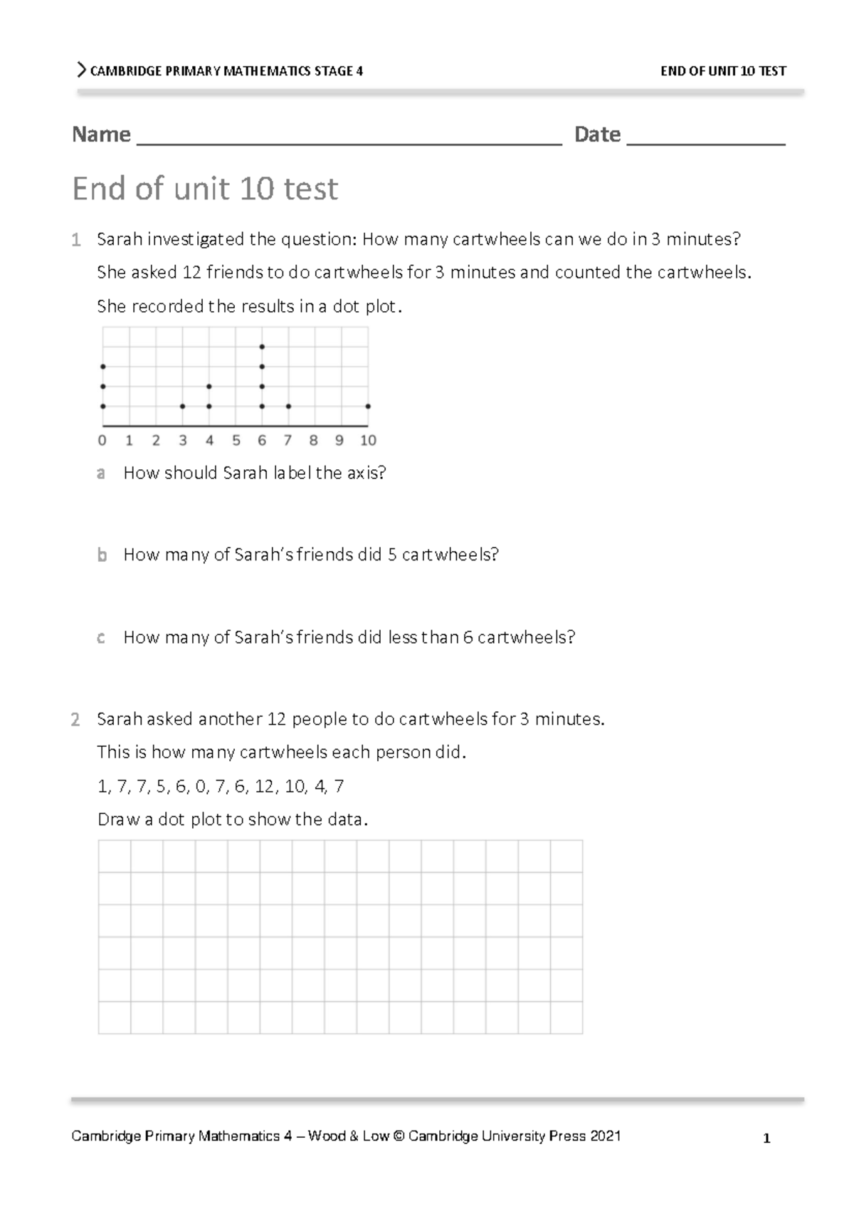 CAMBRIDGE PRIMARY MATHEMATICS 4 UNIT 10 TEST - CARTWHEEL DATA - Studocu