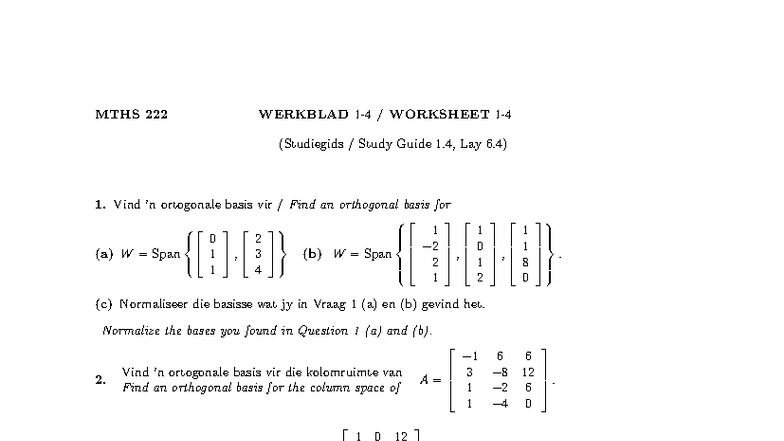 MTHS 222 - Worksheet 1-4: Orthogonal Bases & Eigenvalues - Studocu