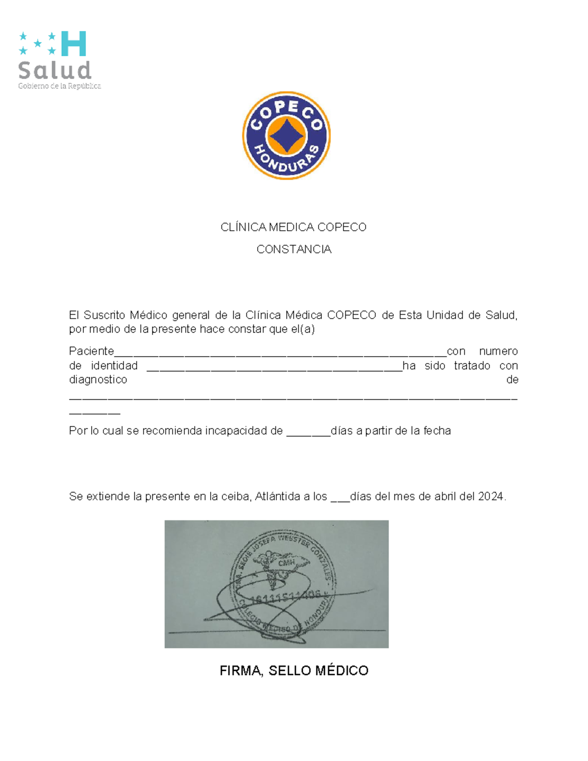 Constancia medica para redactar - CLÍNICA MEDICA COPECO CONSTANCIA El ...