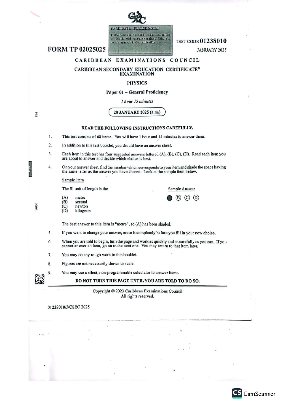 January 2025 CSEC Physics Paper 01 Instructions and Questions - Studocu
